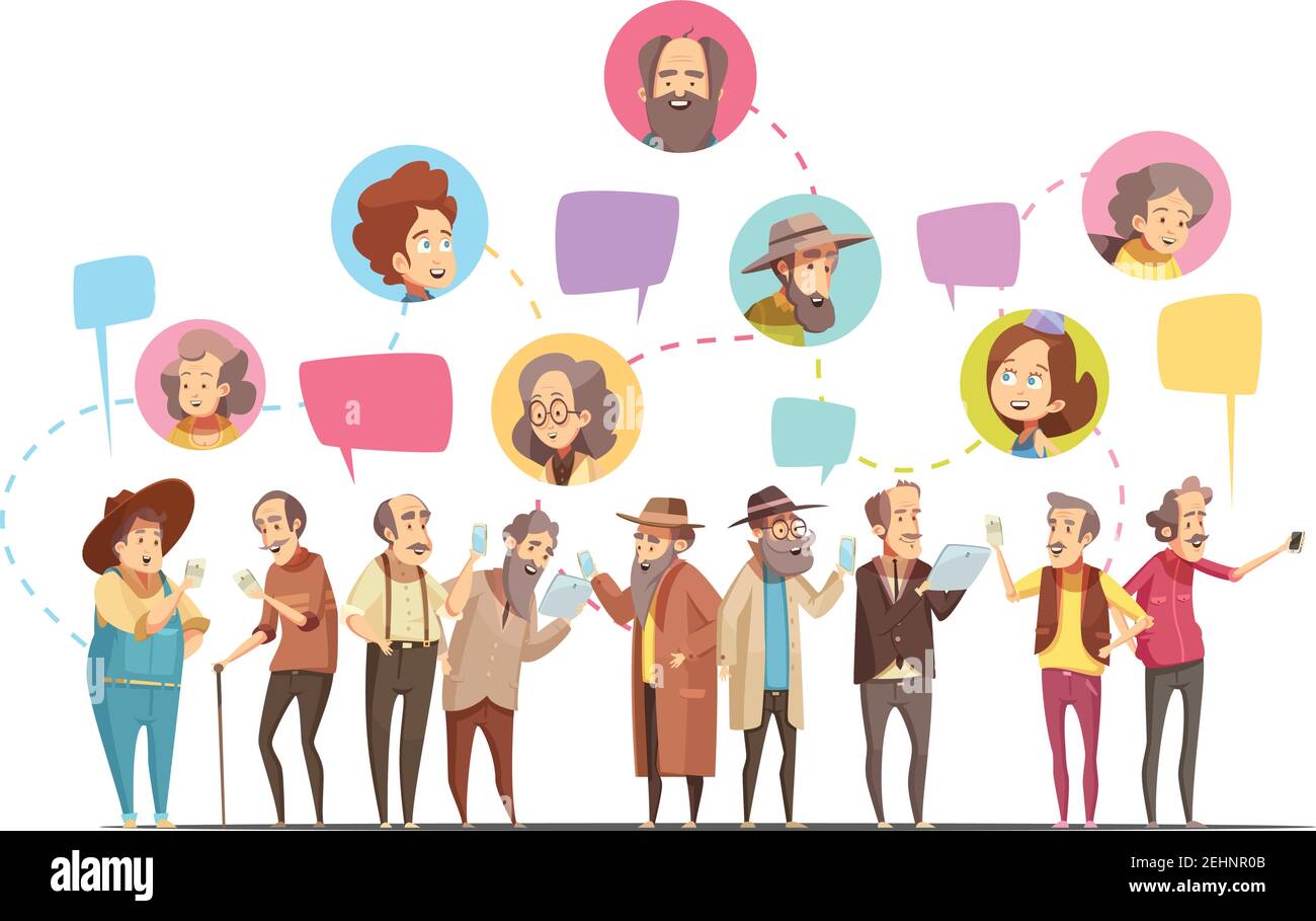 Senior men citizens communication online retro cartoon composition ...