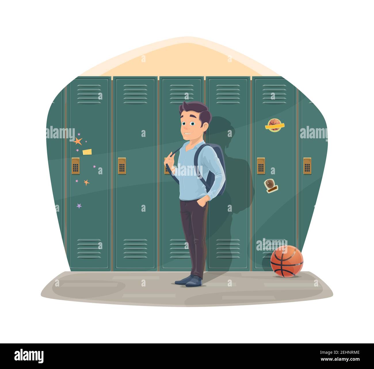 Pupil in locker room with school bag and basketball ball. Vector design ...