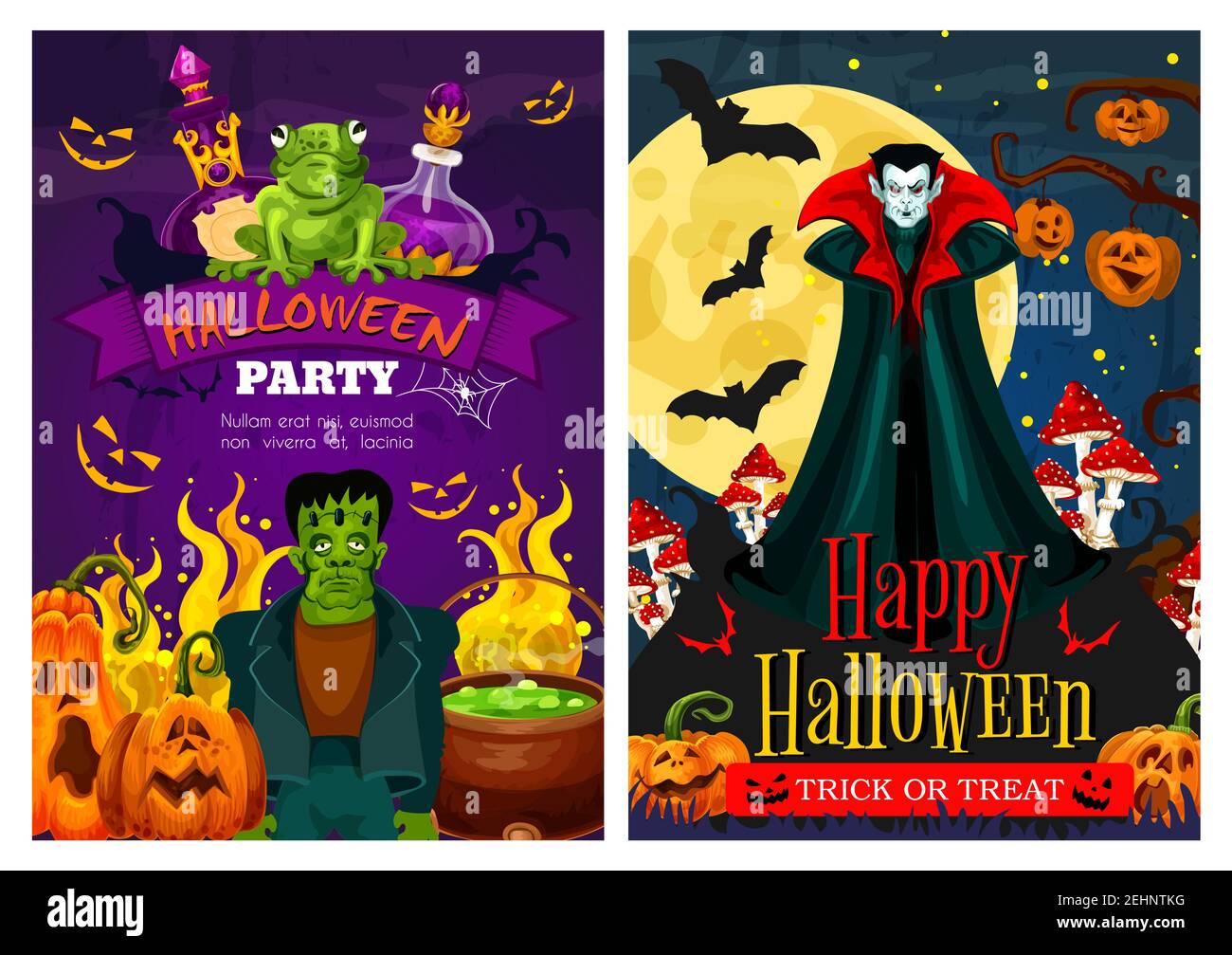 Happy Halloween greeting banner with zombie and vampire monster for ...