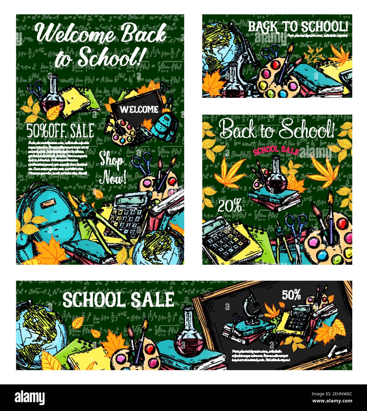 School sale special offer poster set with education supplies sketches ...