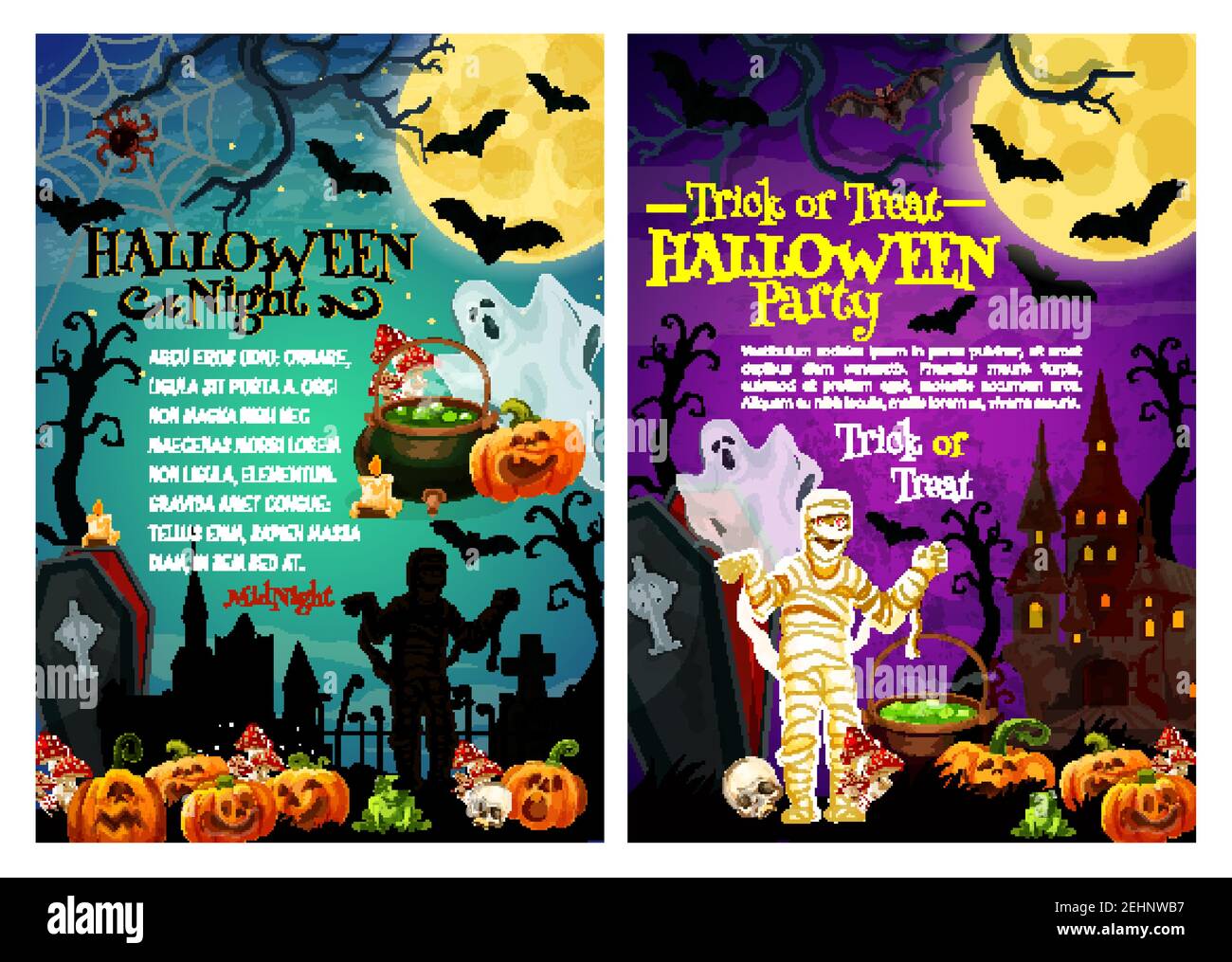 Halloween holiday horror party poster with spooky cemetery and monster ...