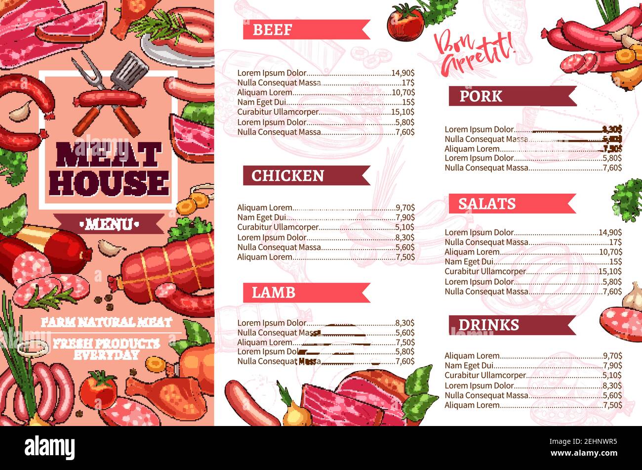 Meat house restaurant menu. Vector beef, chicken and lamb or pork meat ...