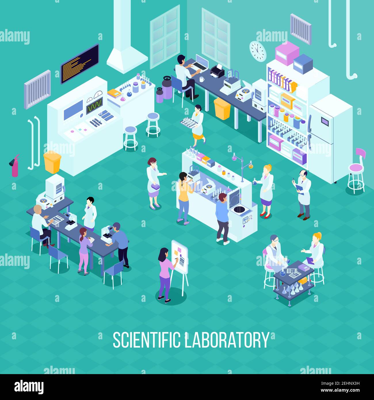 Laboratory isometric composition with staff, scientific equipment with ...