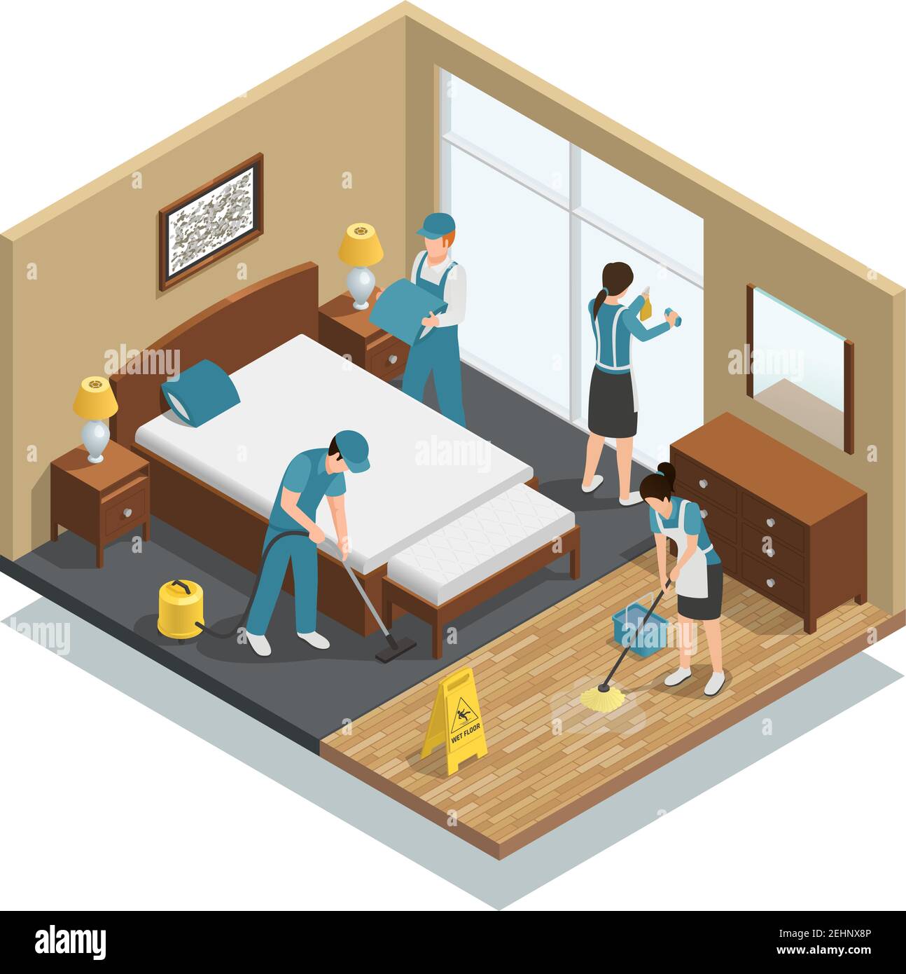 House cleaning isometric composition with professional workers washing ...
