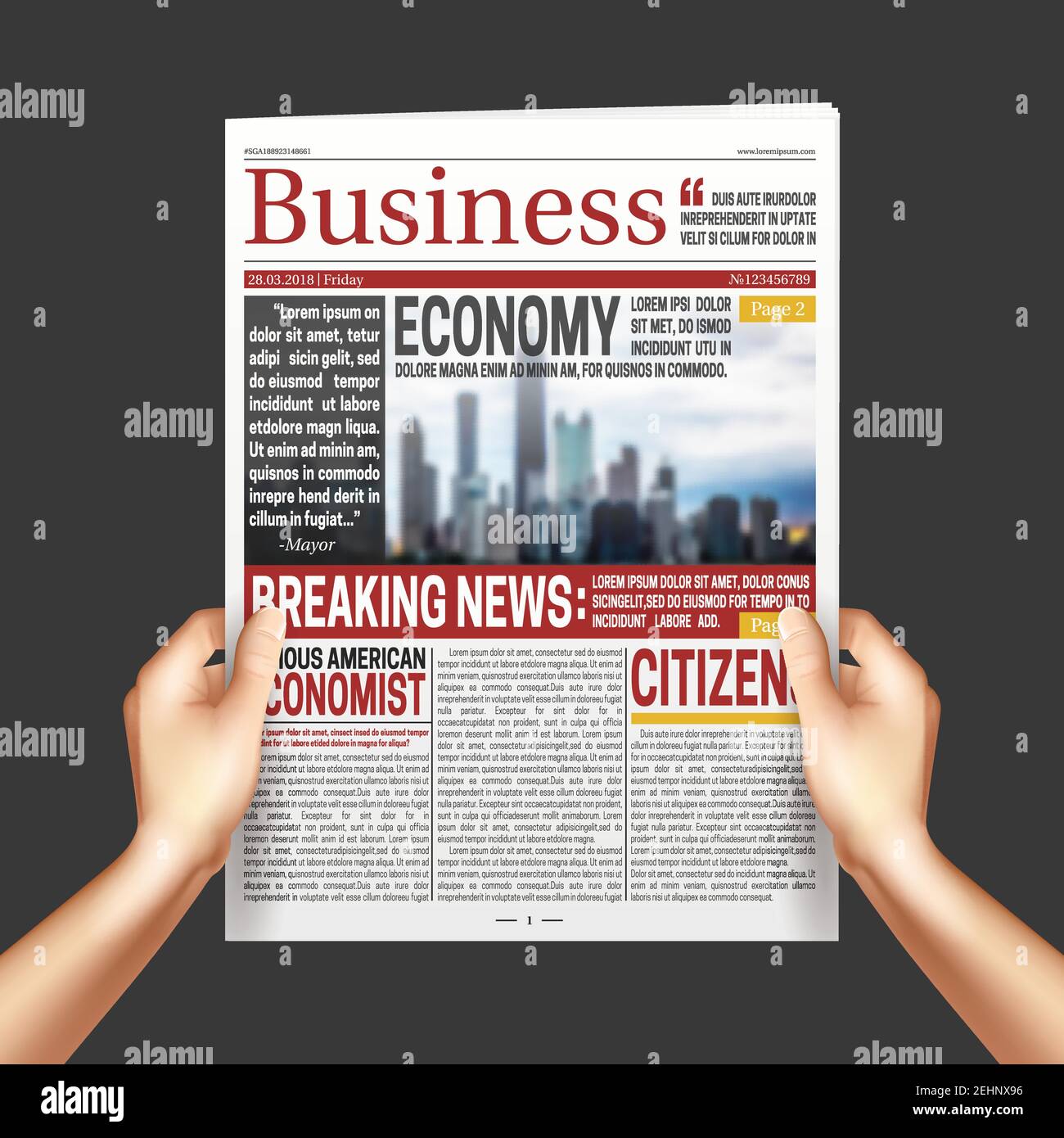 Reading International economy business news poster with hands holding ...