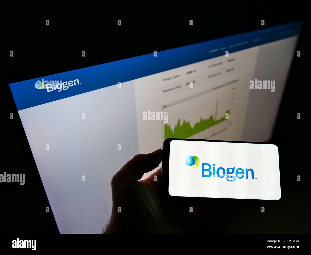 Person holding cellphone with logo of US biotechnology company Biogen ...