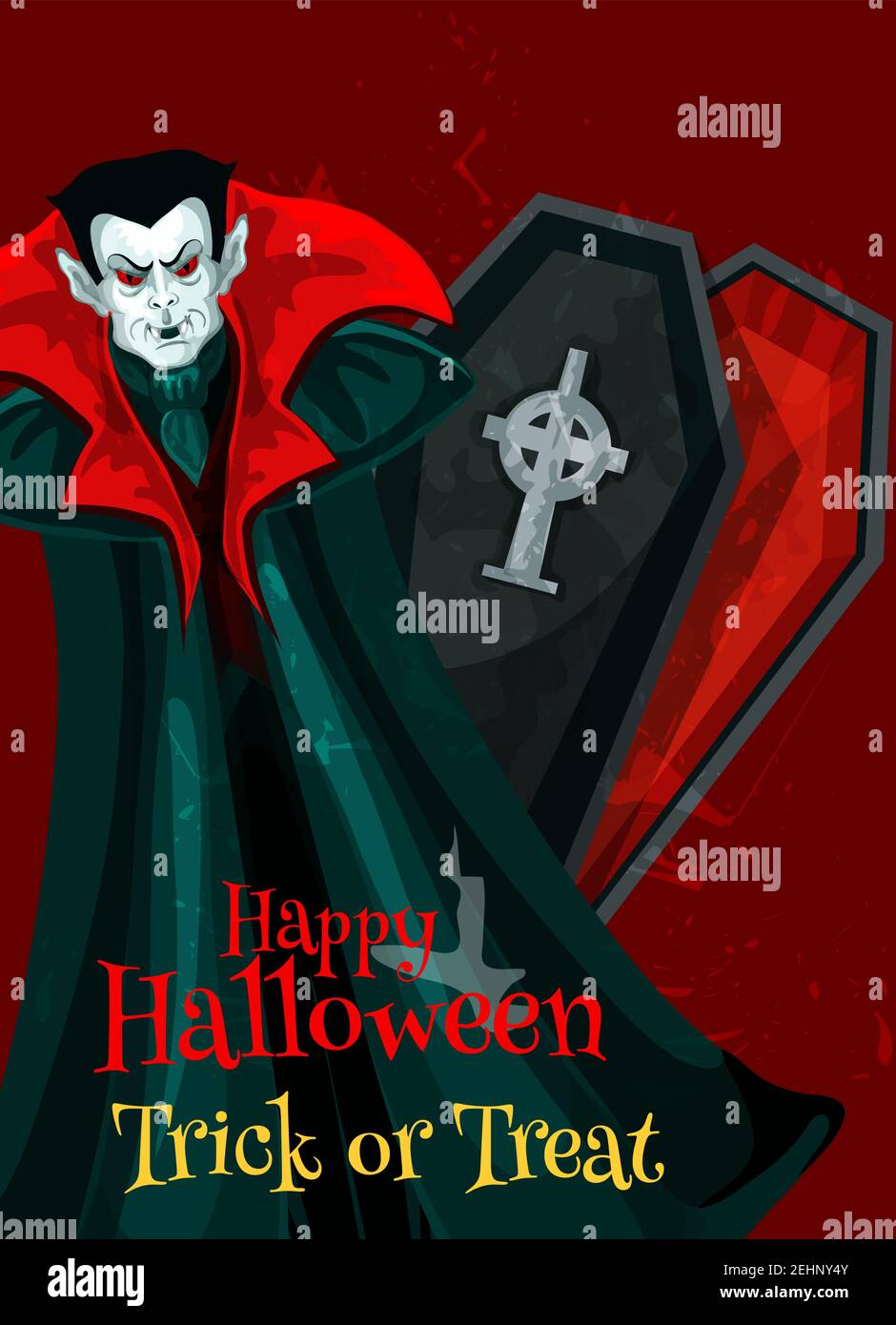 Happy Halloween greeting card design of vampire and coffin for trick or ...