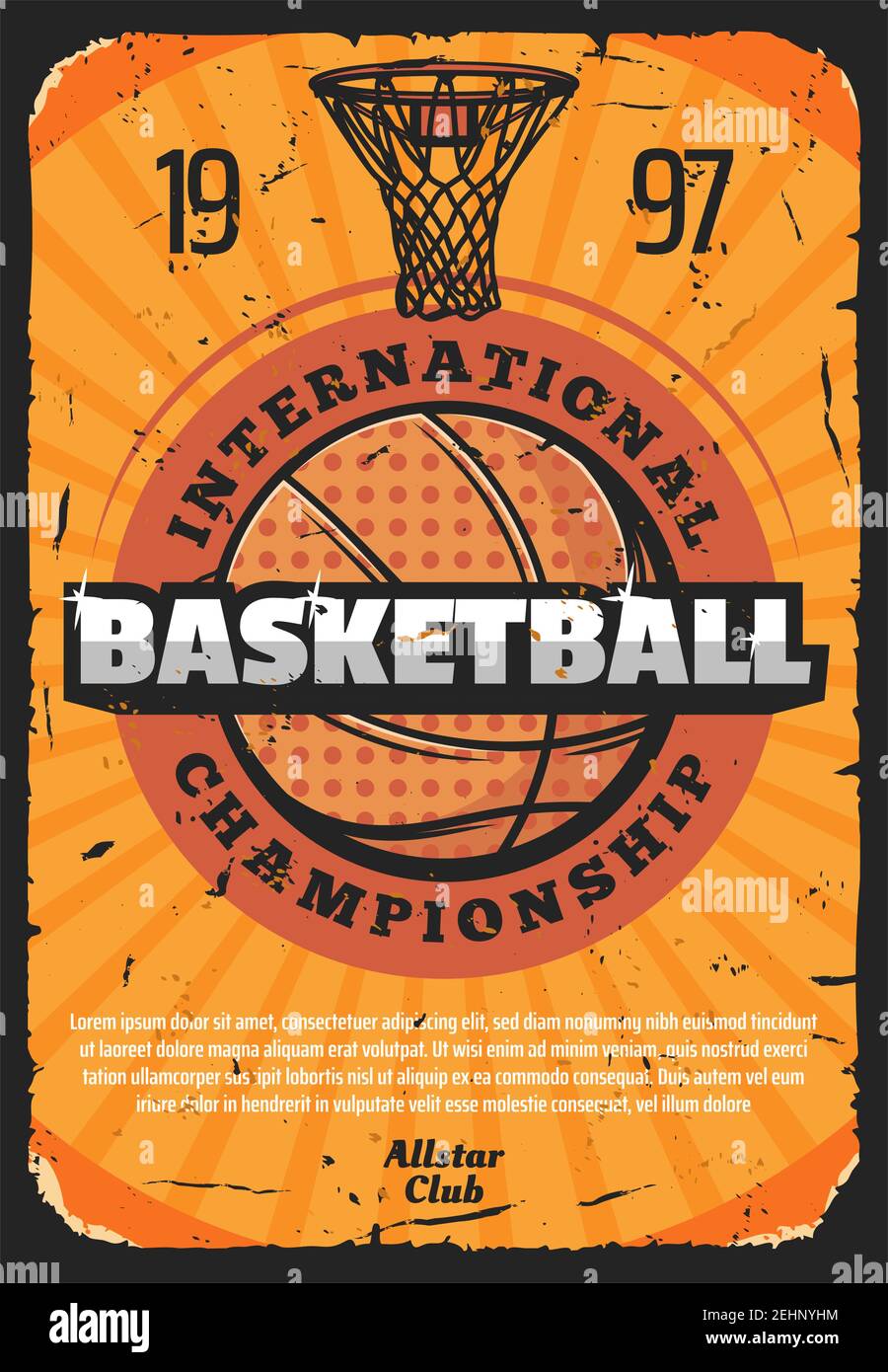 Basketball sport game vector retro poster, basket and heavy ball ...