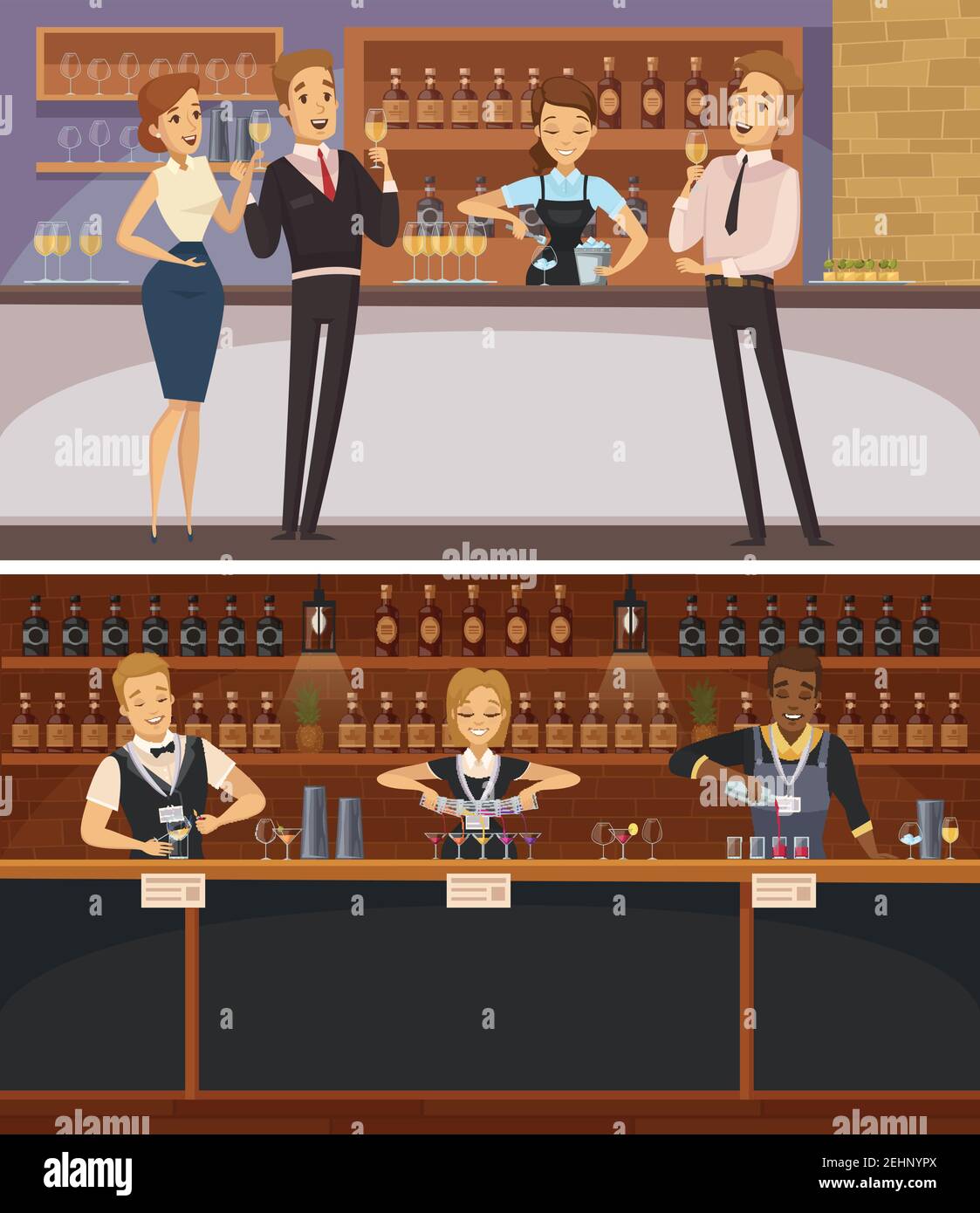 Party in bar interior cartoon horizontal banners with bartenders and ...