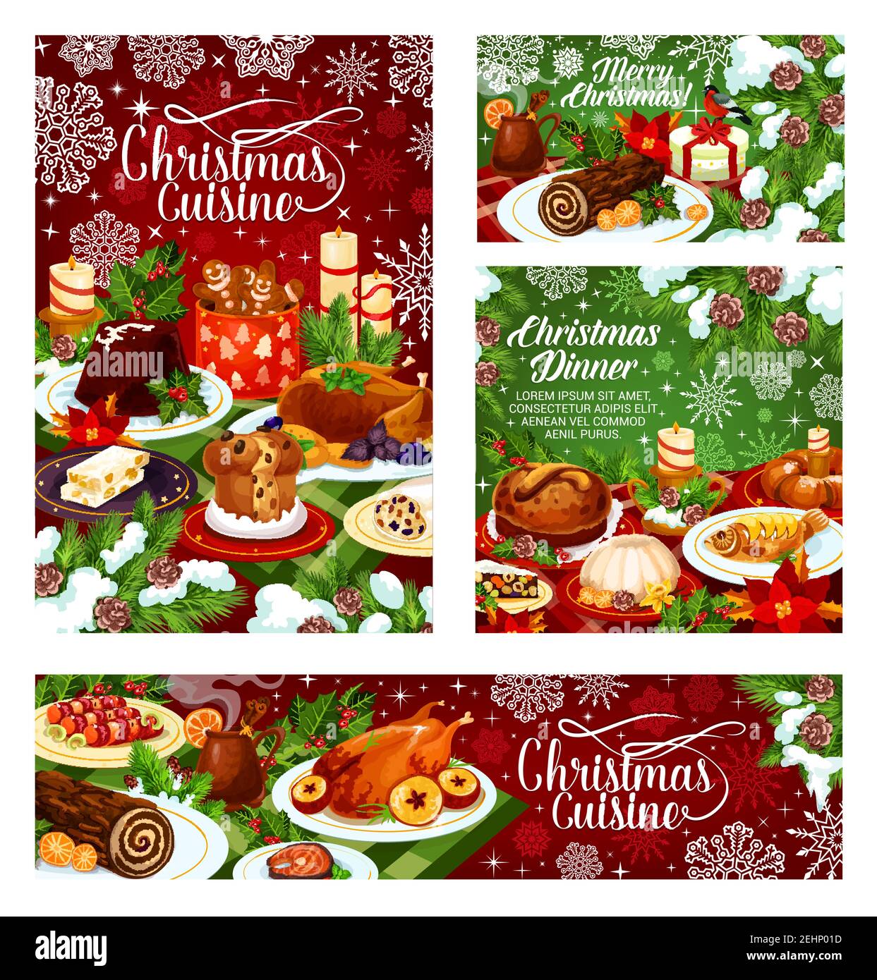 Christmas dinner banner of festive table with Xmas food. Baked turkey ...