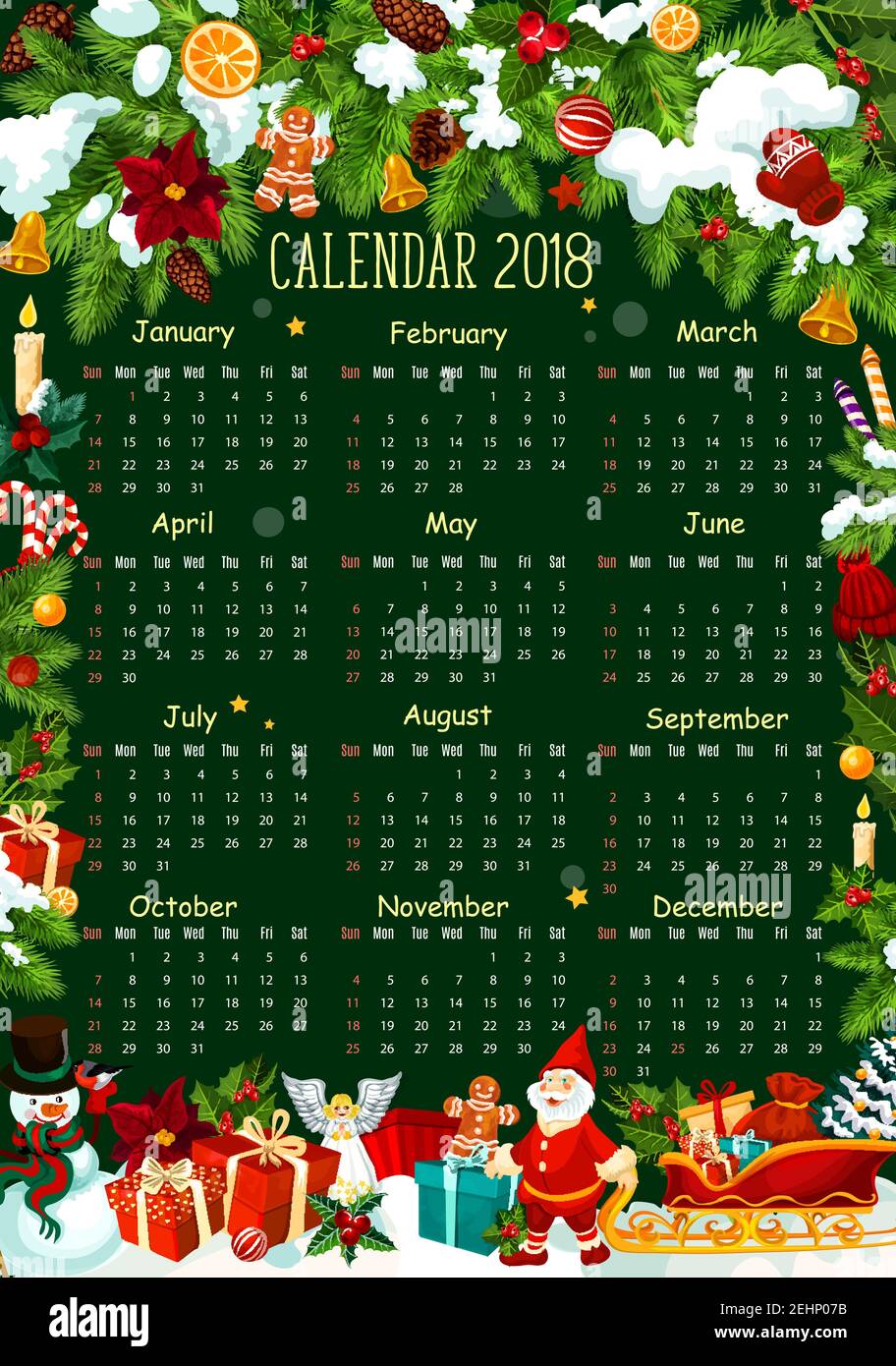 Calendar template with Christmas garland frame and winter holiday gift ...