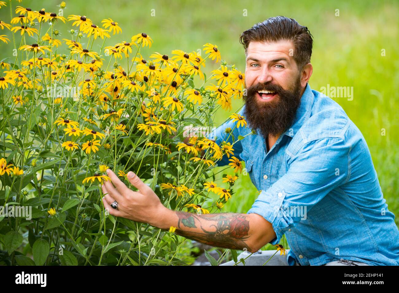 Spring summer mood. Bearded man with yellow flowers. Carefree and ...