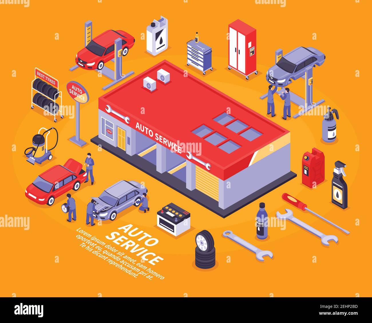 Isometric auto service center and various tools for repairing vehicles ...