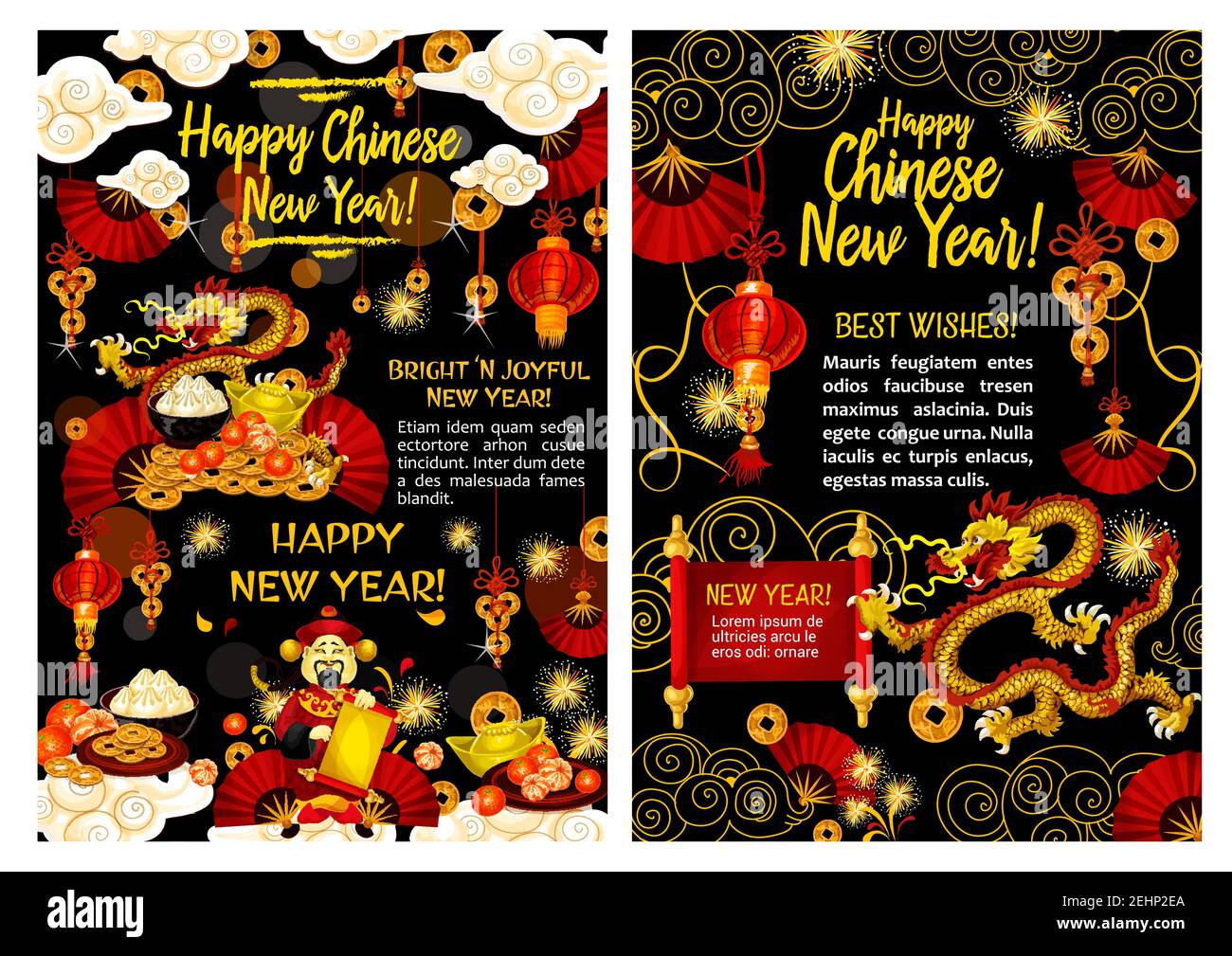 Happy Chinese New Year greeting cards of golden decorations and ...