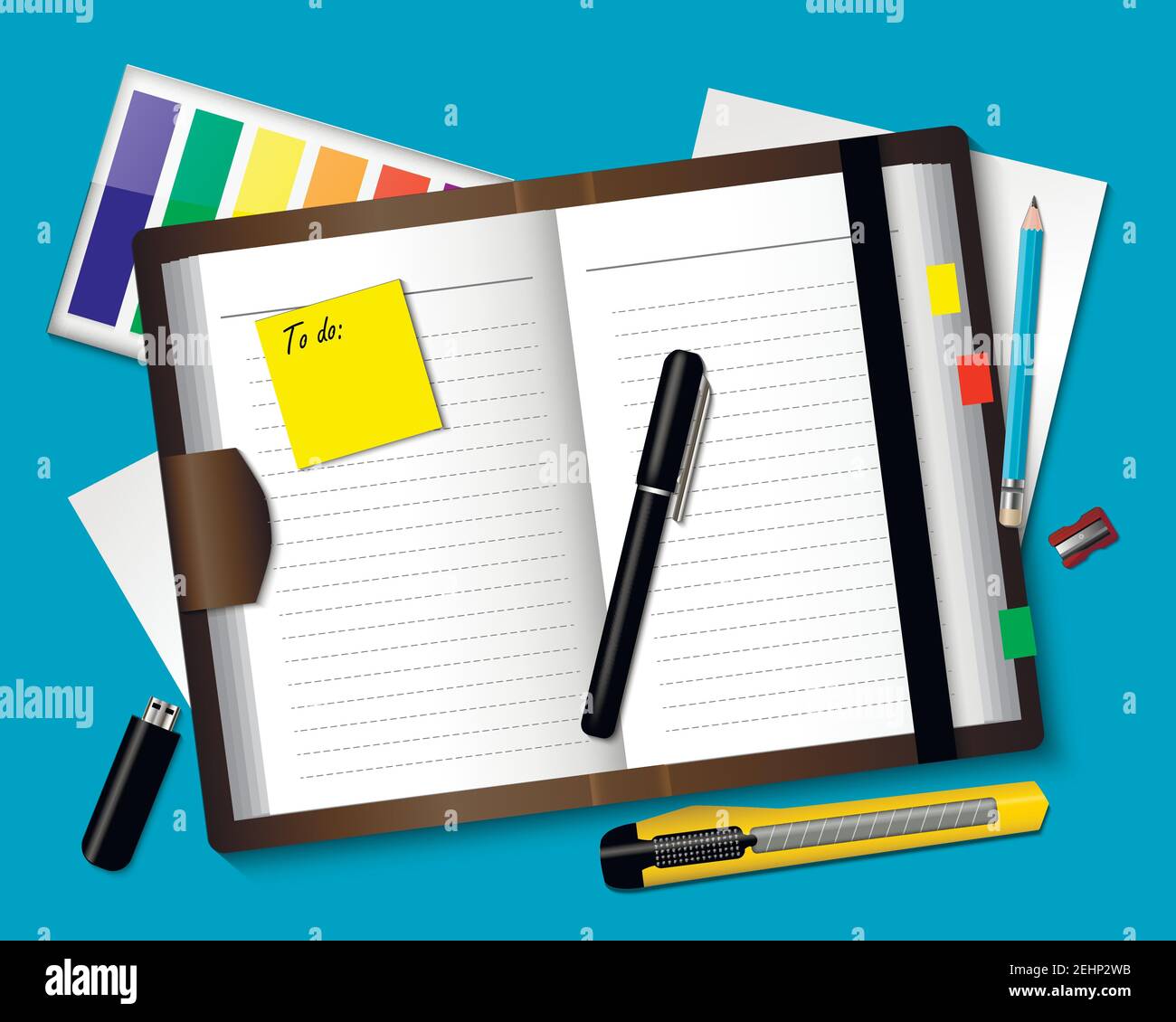 Business workplace colored composition with realistic notepad pen and ...