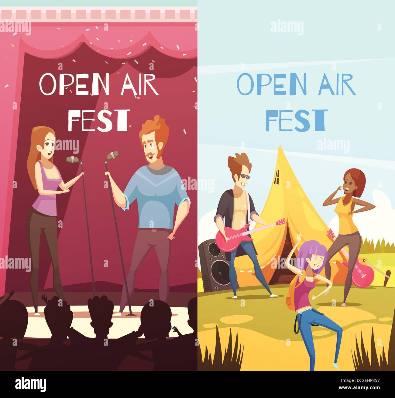 Open air festival singers and audience 2 retro cartoon vertical banners ...