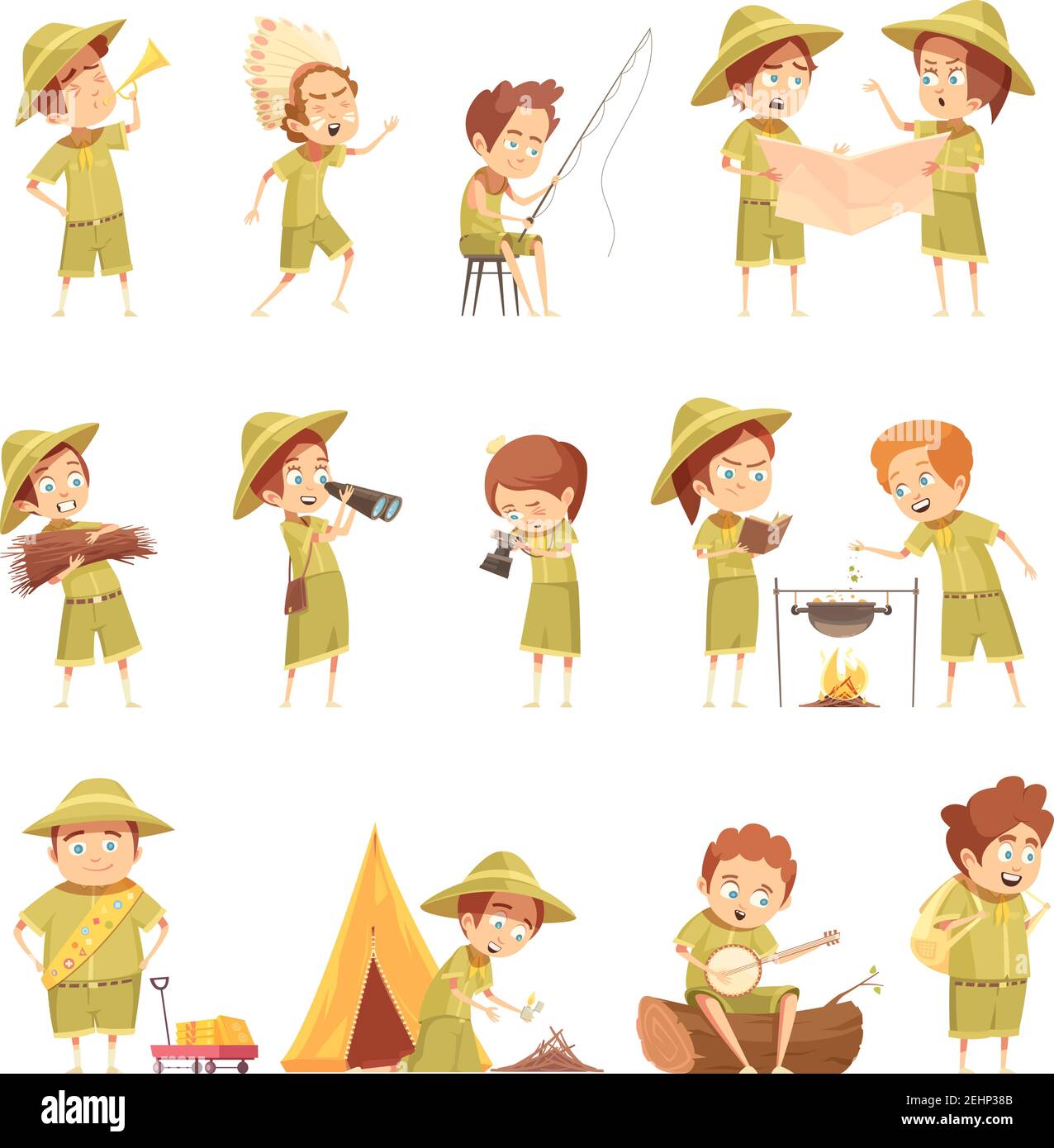 Boy scout fishing campfire cooking playing guitar in front of tent ...