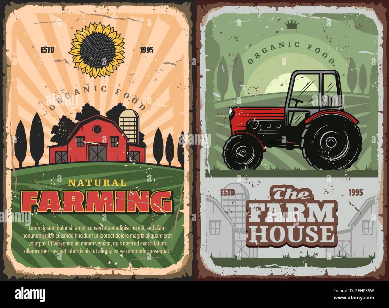 Farm house and tractor retro poster for farming and agriculture ...