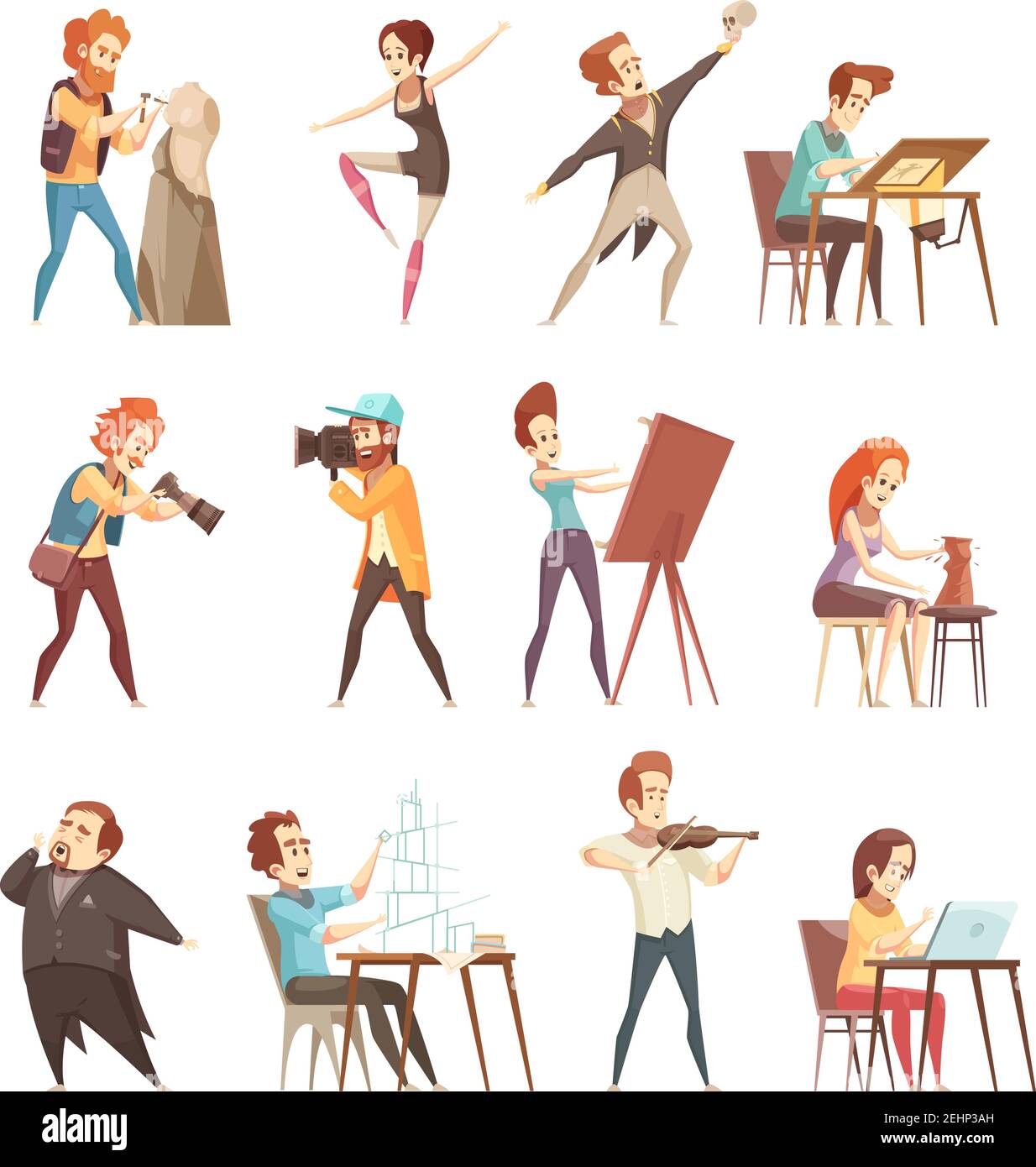 Creative professions people retro cartoon icons set with artist ...
