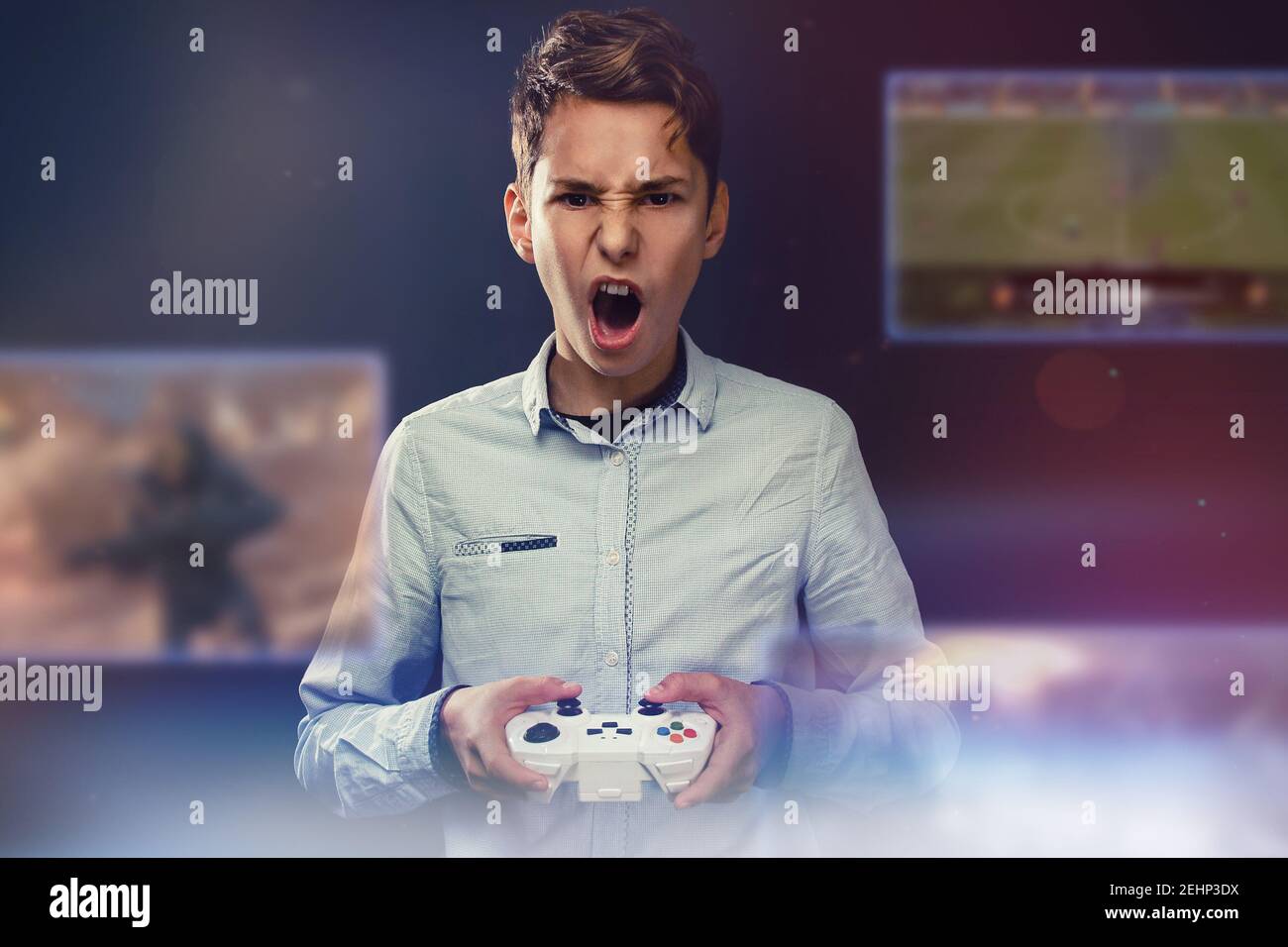 The concept of video games. Teen screams during video game. In the ...