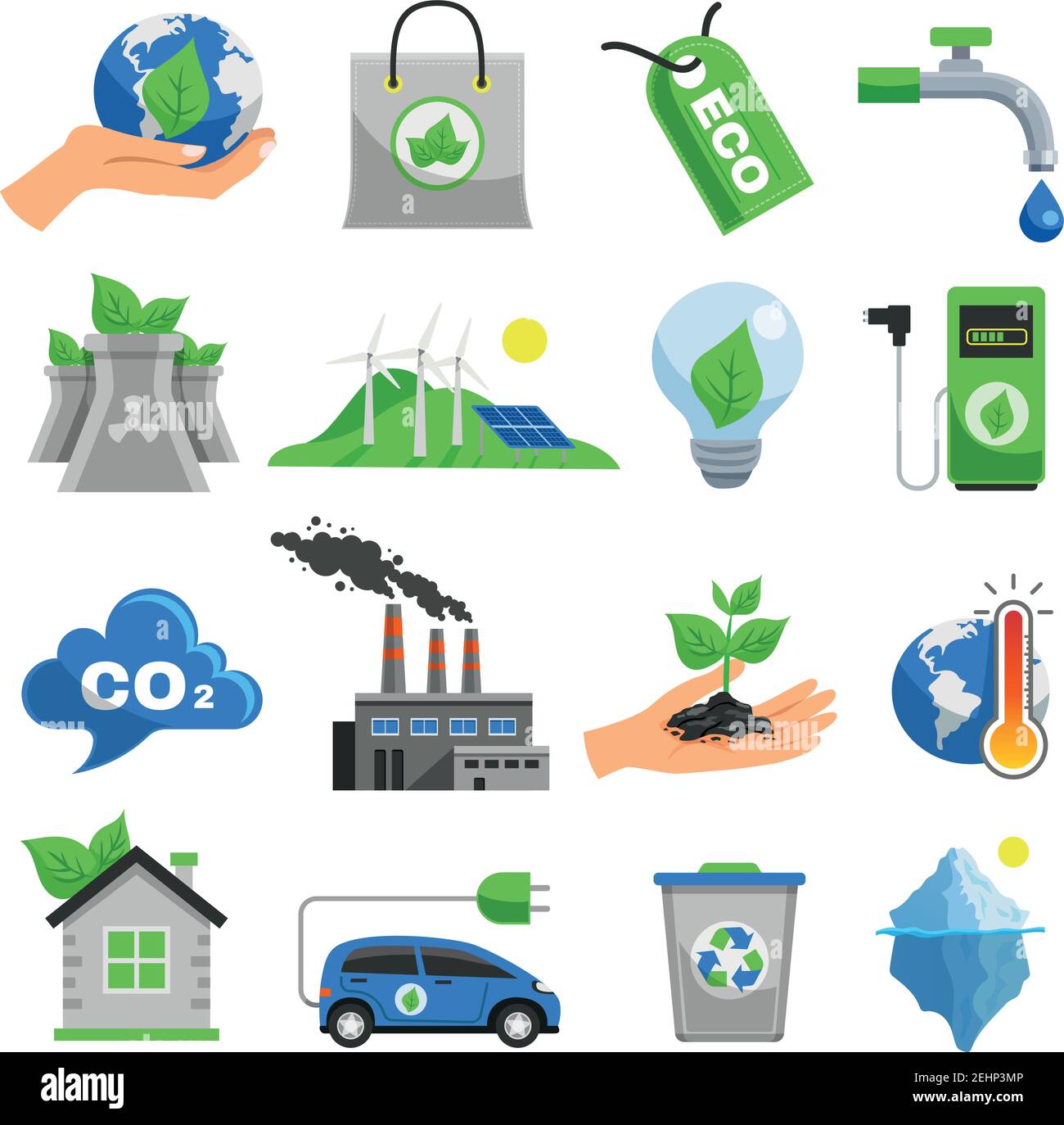 Ecology icon set with elements and attributes of ecological situation ...