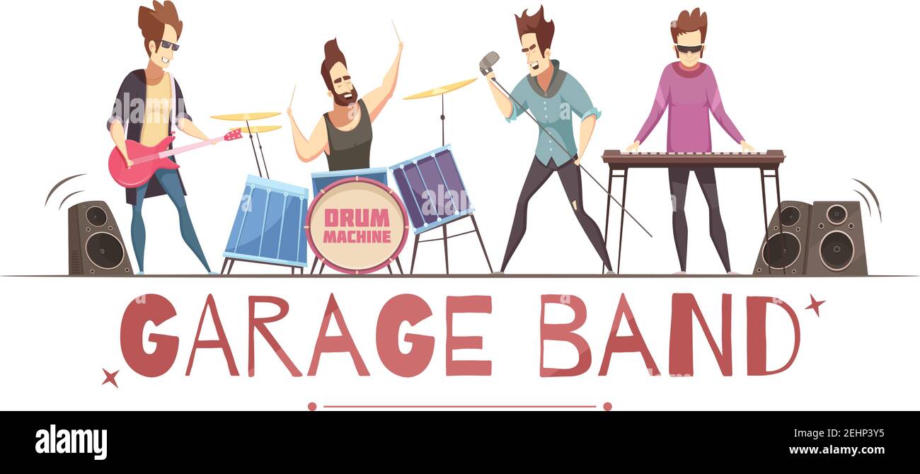 Open air festival garage band performance retro cartoon banner with ...