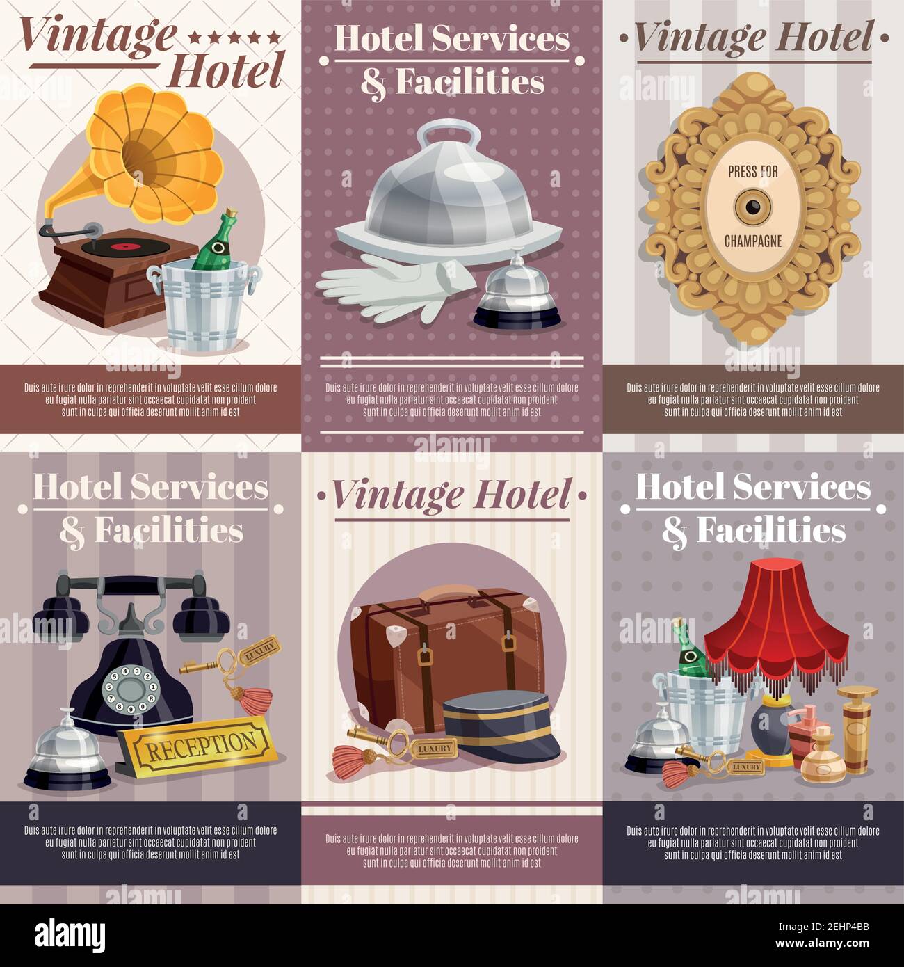 Colored vintage hotel poster set with best service and facilities ...