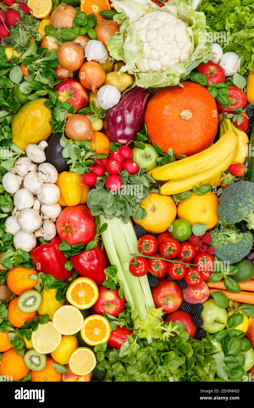 Food background fruits and vegetables collection portrait format apples ...