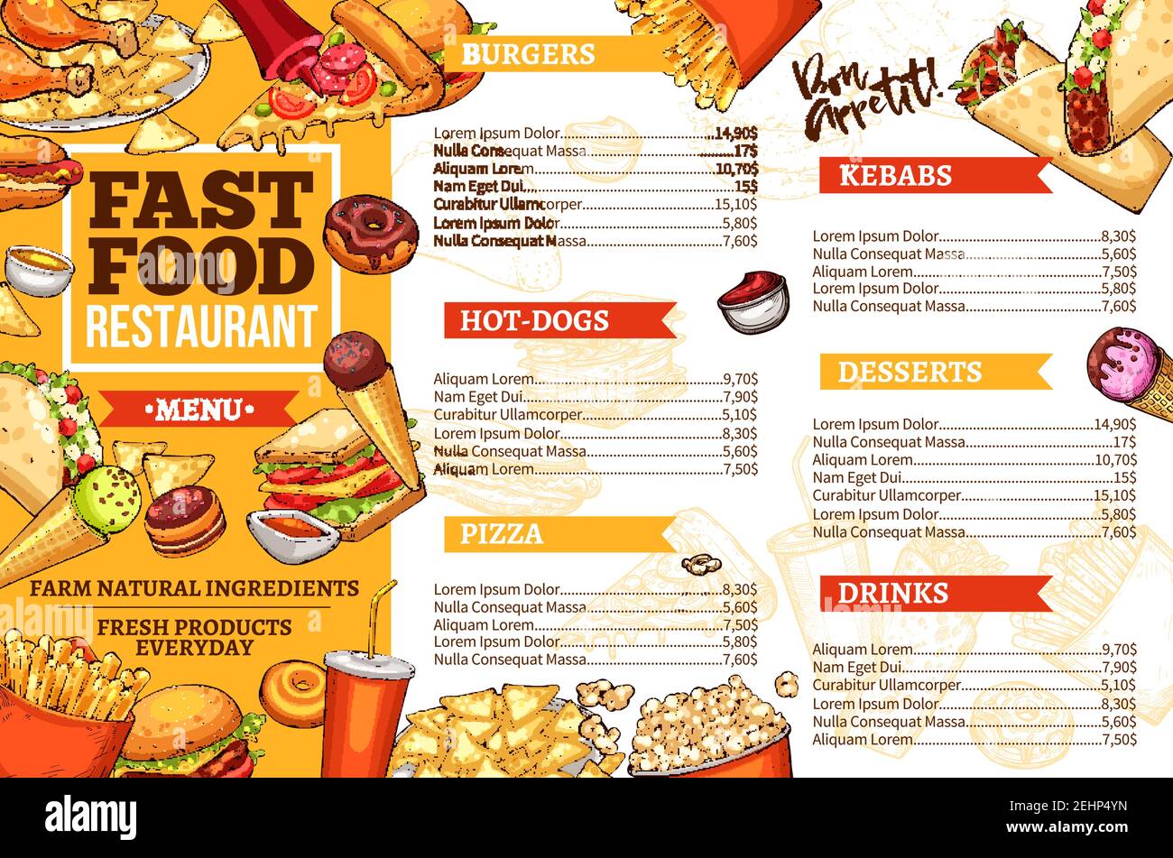 Fast food vector menu of burgers and hamburgers, hot dog or sandwich ...