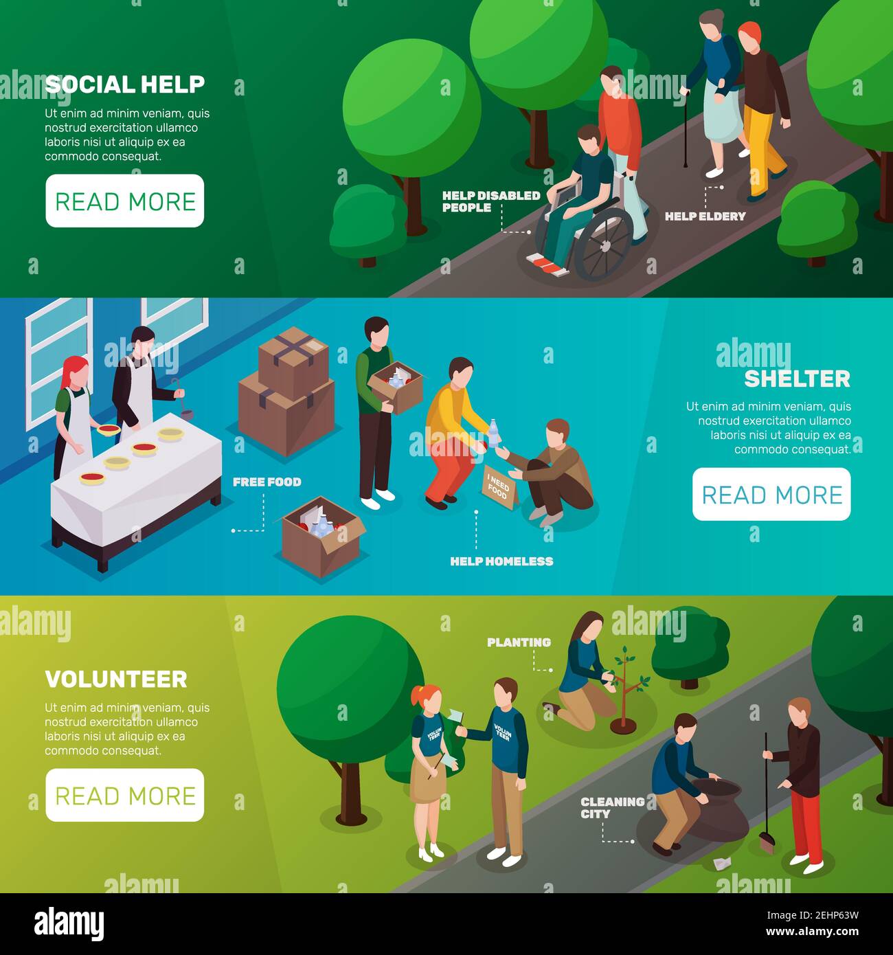 Charity volunteer people isometric banners set with images representing ...