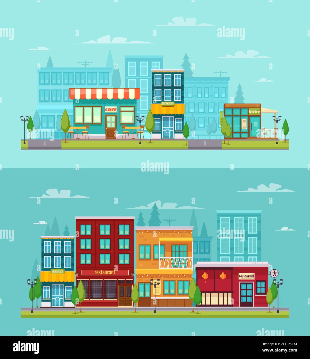 City street view 2 flat horizontal banners set with bistro restaurant ...