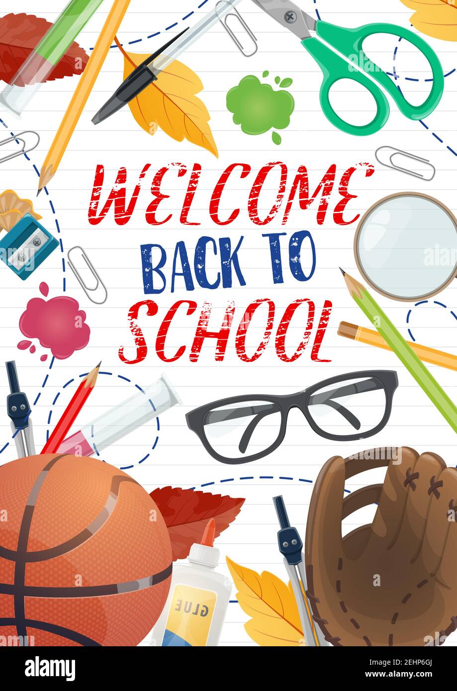 Welcome Back to School student supplies poster. Education items frame ...