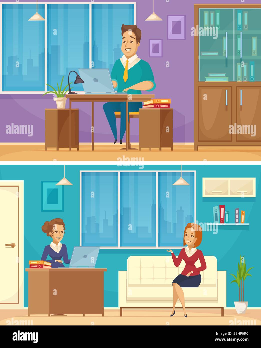 Office personnel work place 2 horizontal retro cartoon banners with ...
