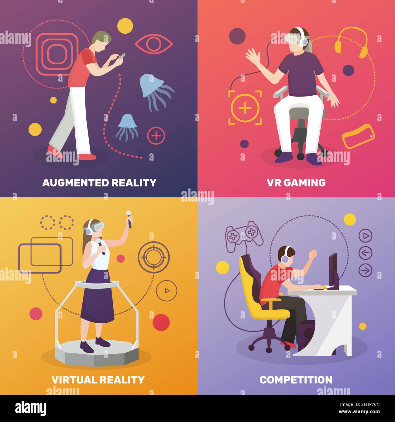 Gamers people flat 2x2 design concept with playing human characters in ...