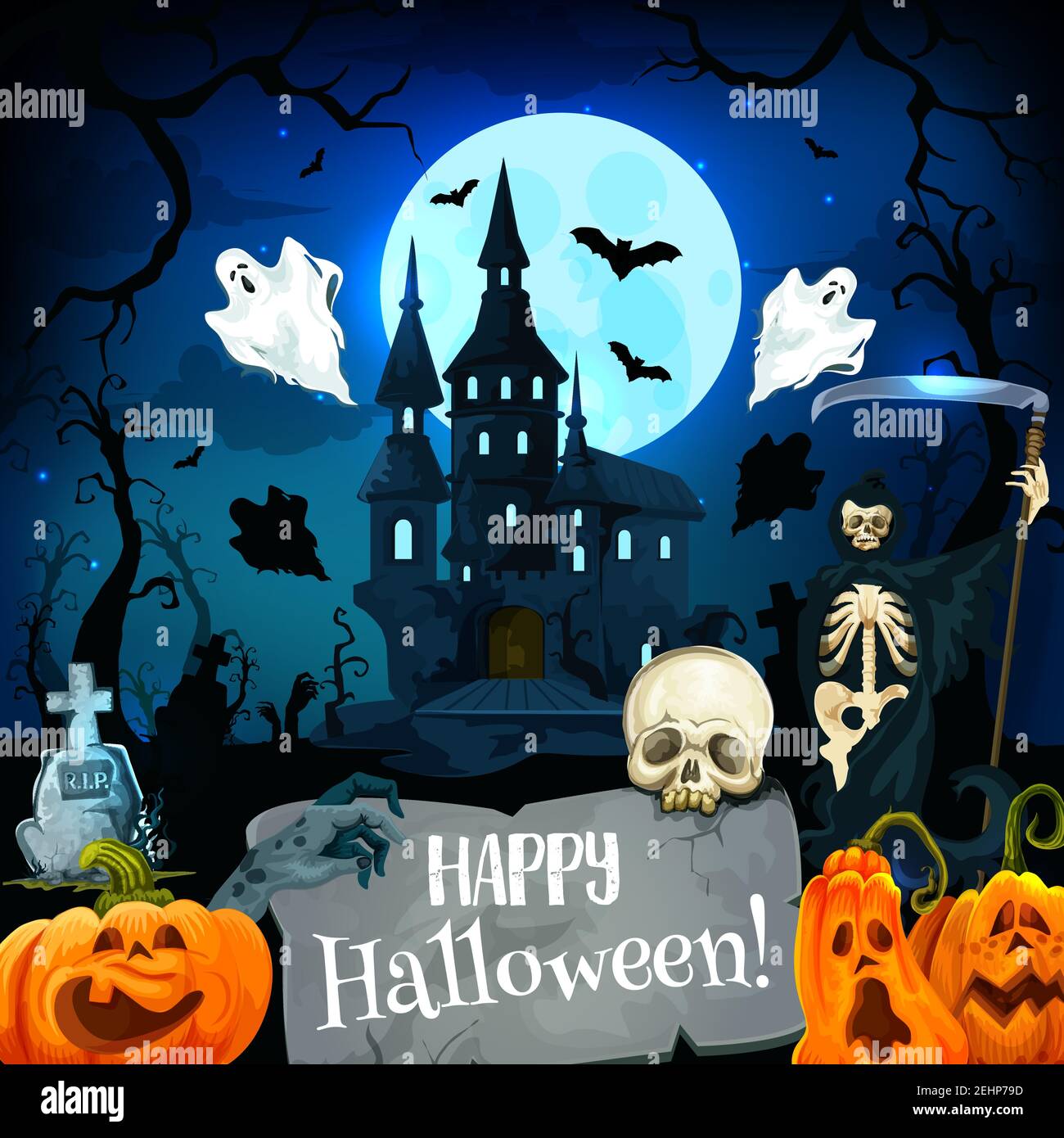 Halloween horror castle and cemetery greeting card for autumn holiday ...