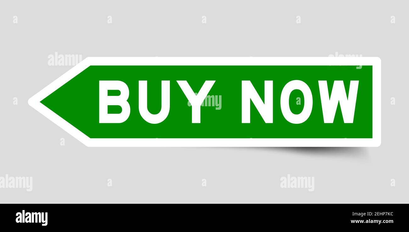 Label sticker in green color arrow shape as word buy now on white ...