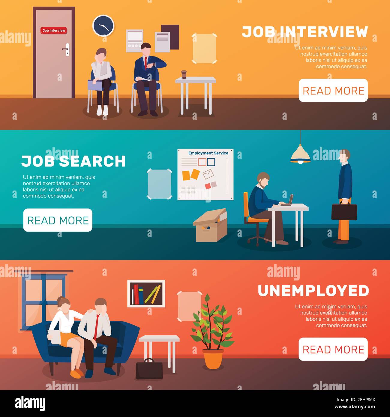 Unemployed people three flat banners set with image compositions ...