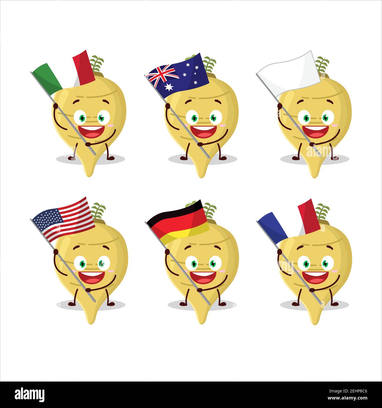 Parsnip cartoon character bring the flags of various countries. Vector ...