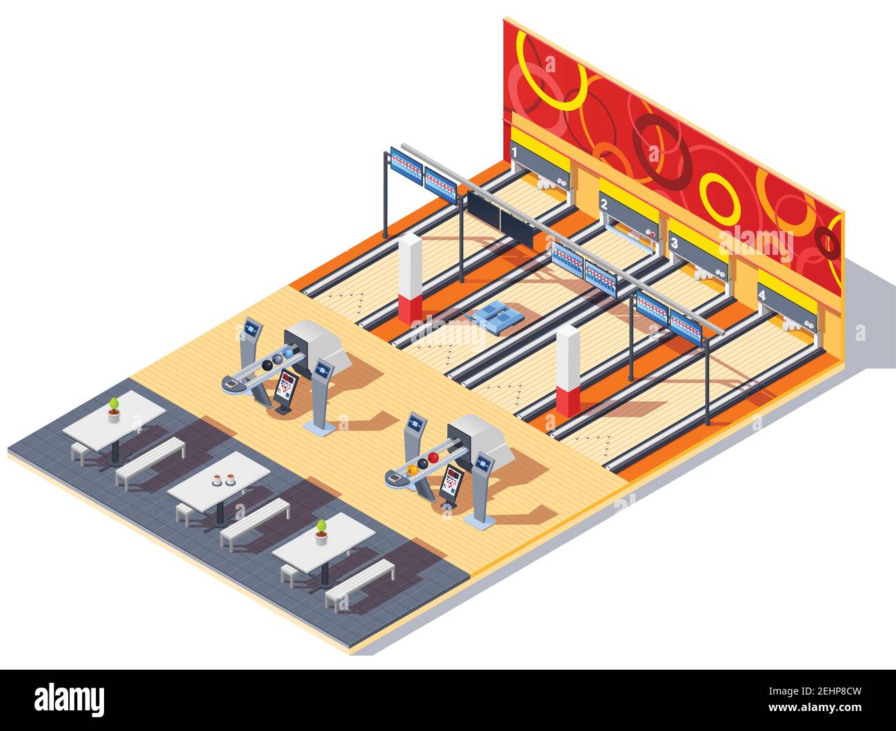 Bowling center isometric interior with game equipment including balls ...