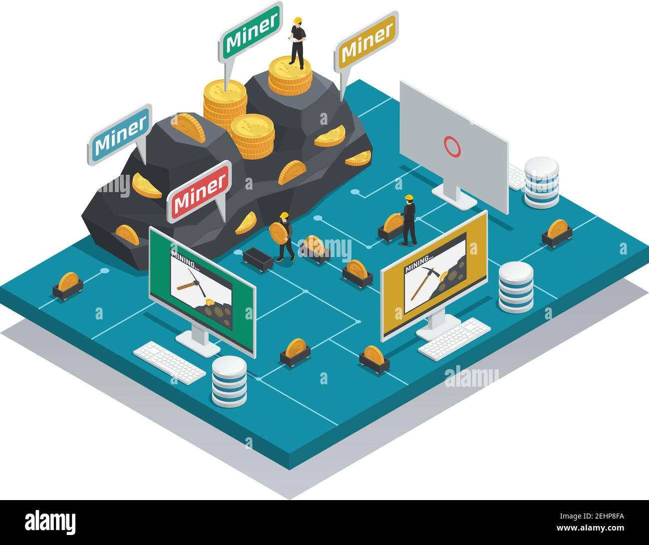 Miners of cryptocurrency isometric composition with coins in mountain and on trolley, computers ...