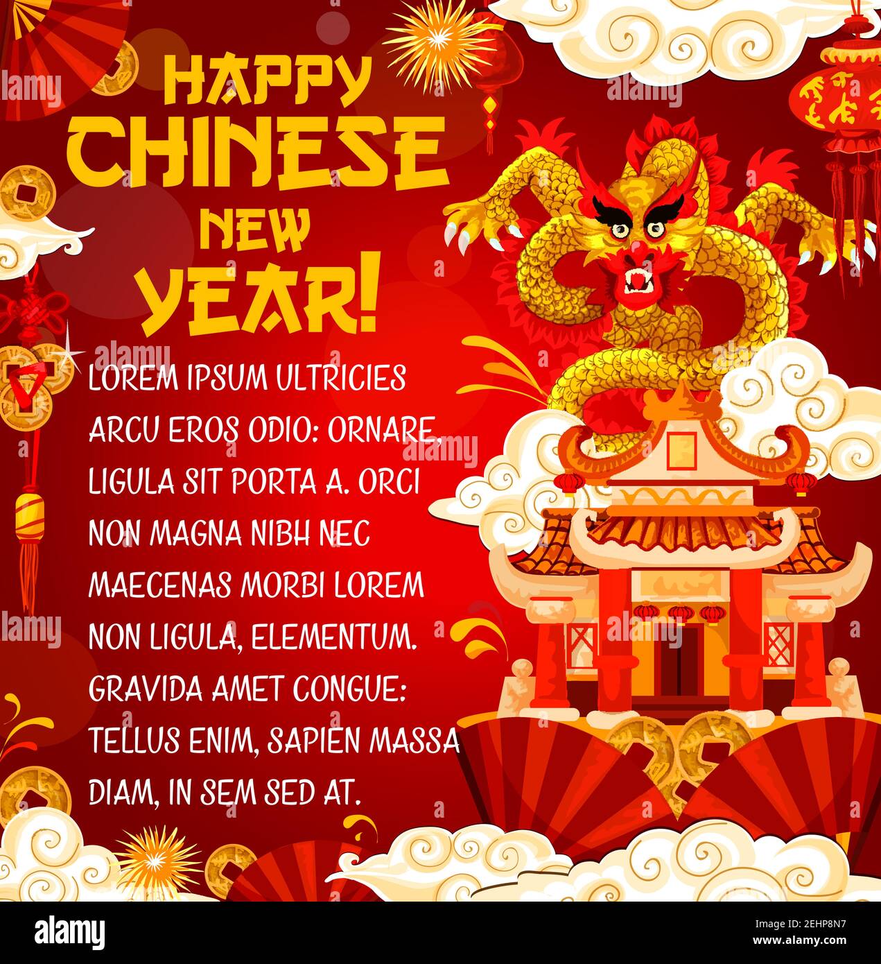 Happy Chinese New Year greeting card of golden dragon on temple and ...