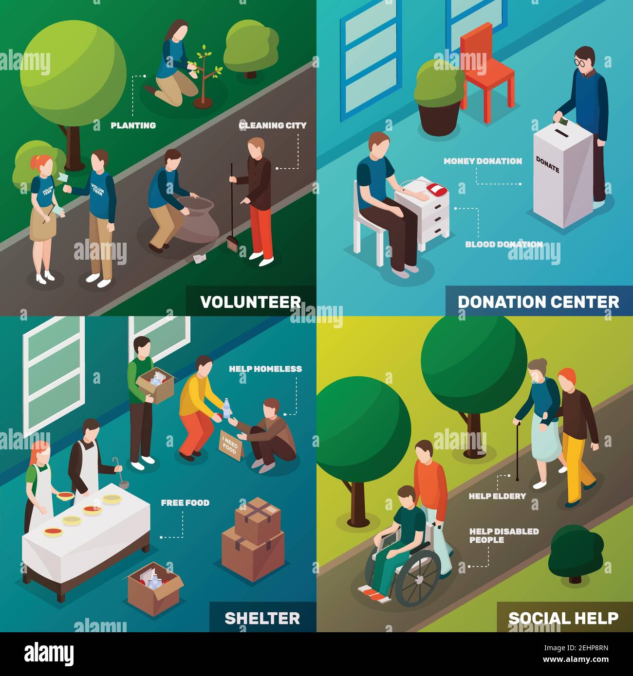 Charity volunteer people isometric 2x2 design concept with human ...