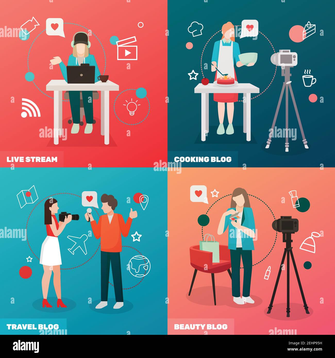 Bloggers people flat 2x2 design concept with compositions of human ...