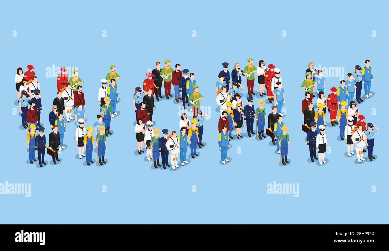 Profession isometric set with groups of uniformed faceless human ...