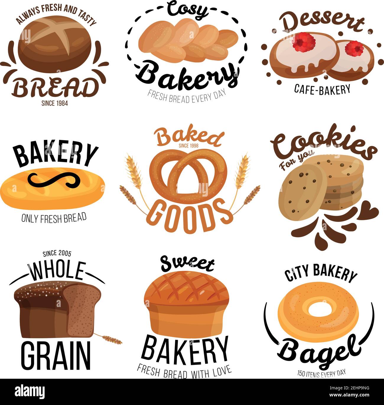 Bakery set of emblems with ears of cereal, flour products, calligraphic ...