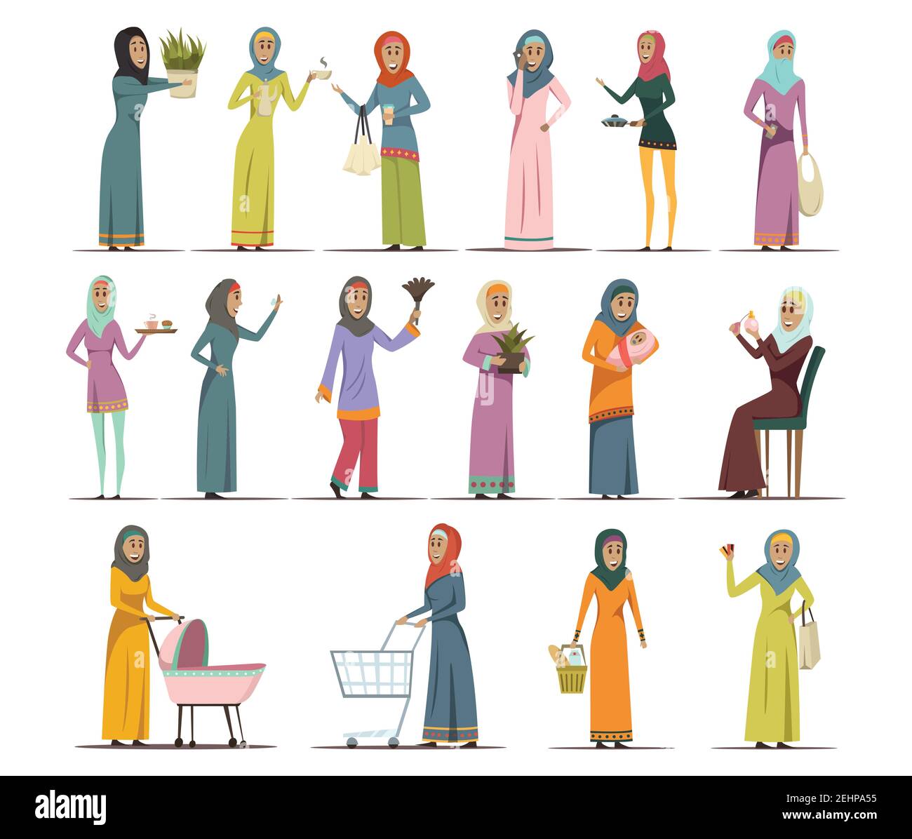 Arabic woman icons set with work and family symbols flat isolated ...