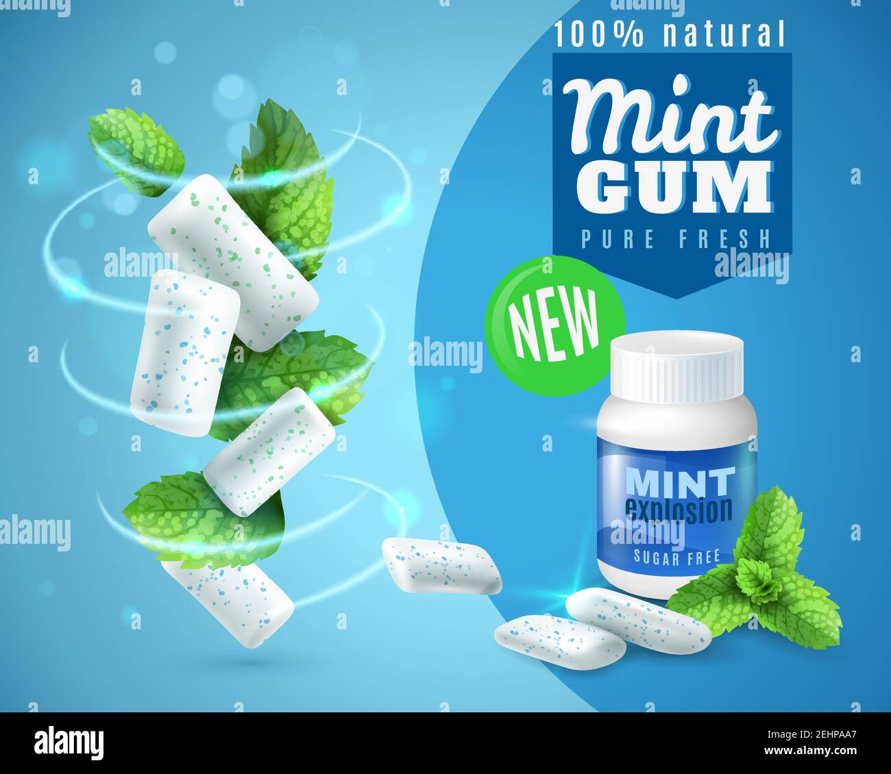 Realistic mint gum poster with swirl of chewing pads and green leaves ...