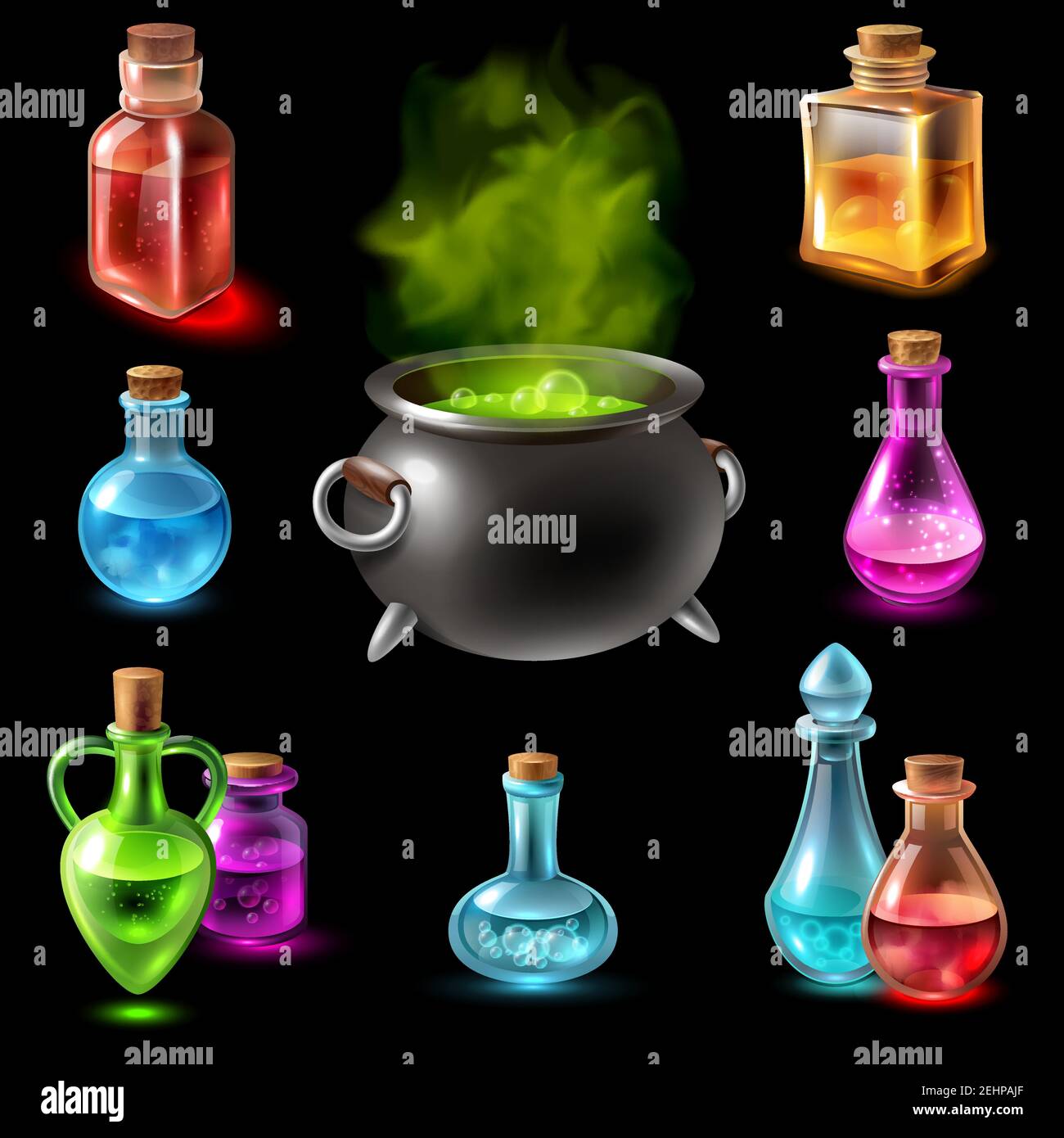 Potion pot cauldron collection with isolated images of colourful glass ...