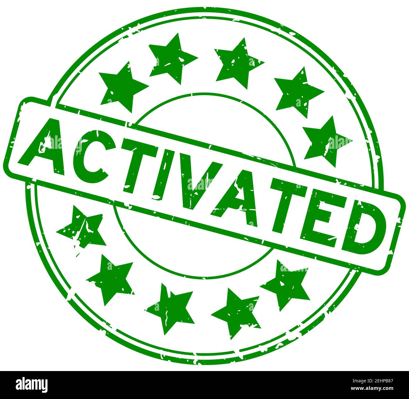 Grunge green activated word with star icon round rubber seal stamp on ...