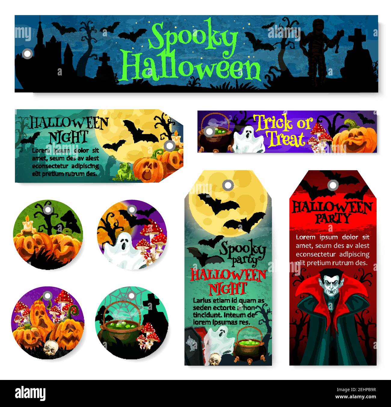 Halloween tag of october horror holiday celebration. Spooky cemetery ...